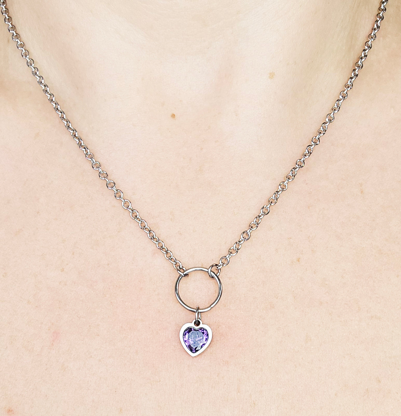 Discreet Day Collar With O Ring and Cubic Zirconia Heart, Stainless St ...