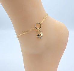 Gold Submissive Anklet with CZ Heart Lock Pendant. 18K Gold BDSM Ankle ...