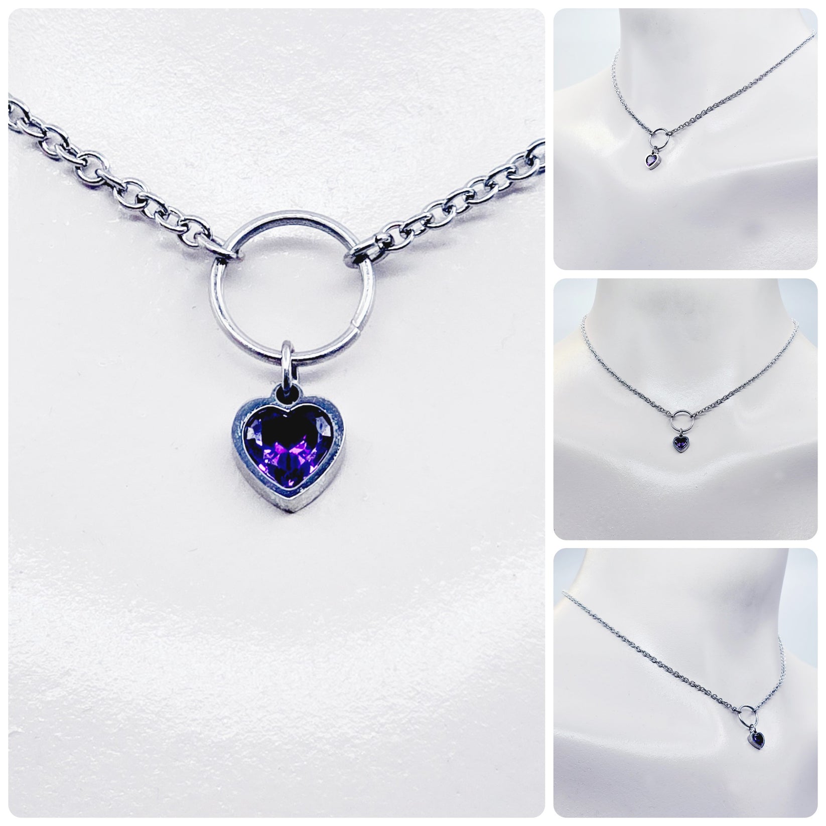 Discreet Day Collar With O Ring and Cubic Zirconia Heart, Stainless St ...