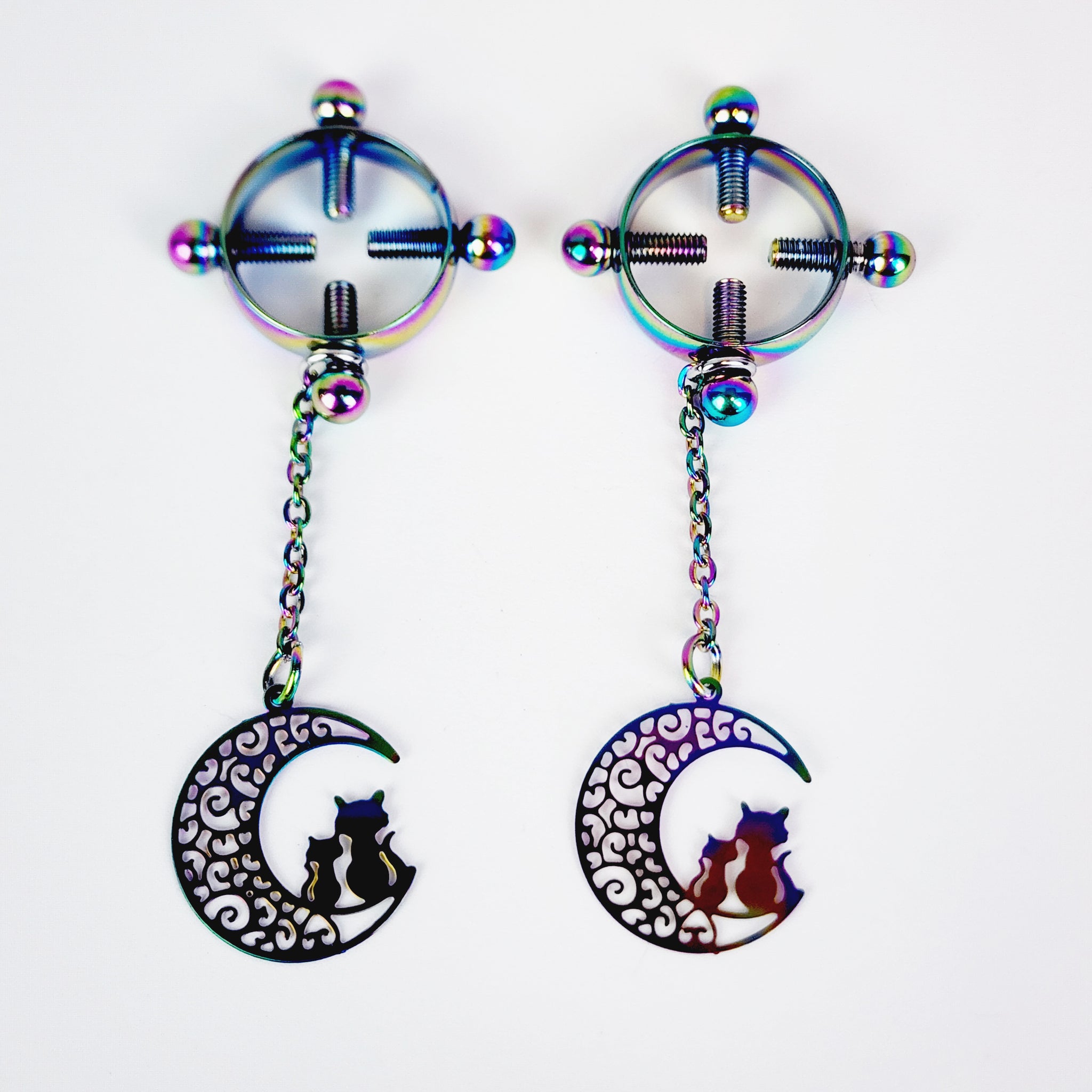 Circle Nipple Clamps, Rainbow Stainless Steel with Cats on Moon Pendan ...