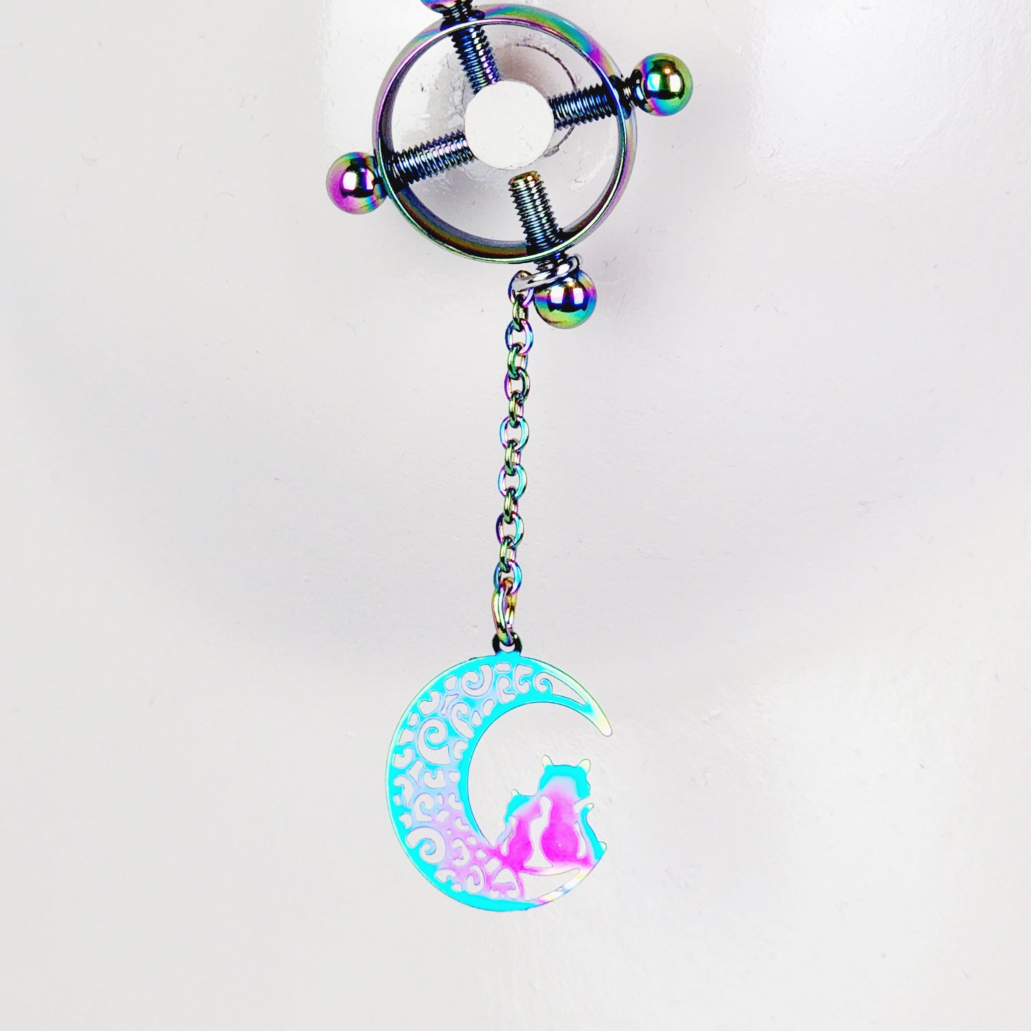 Circle Nipple Clamps, Rainbow Stainless Steel with Cats on Moon Pendan ...