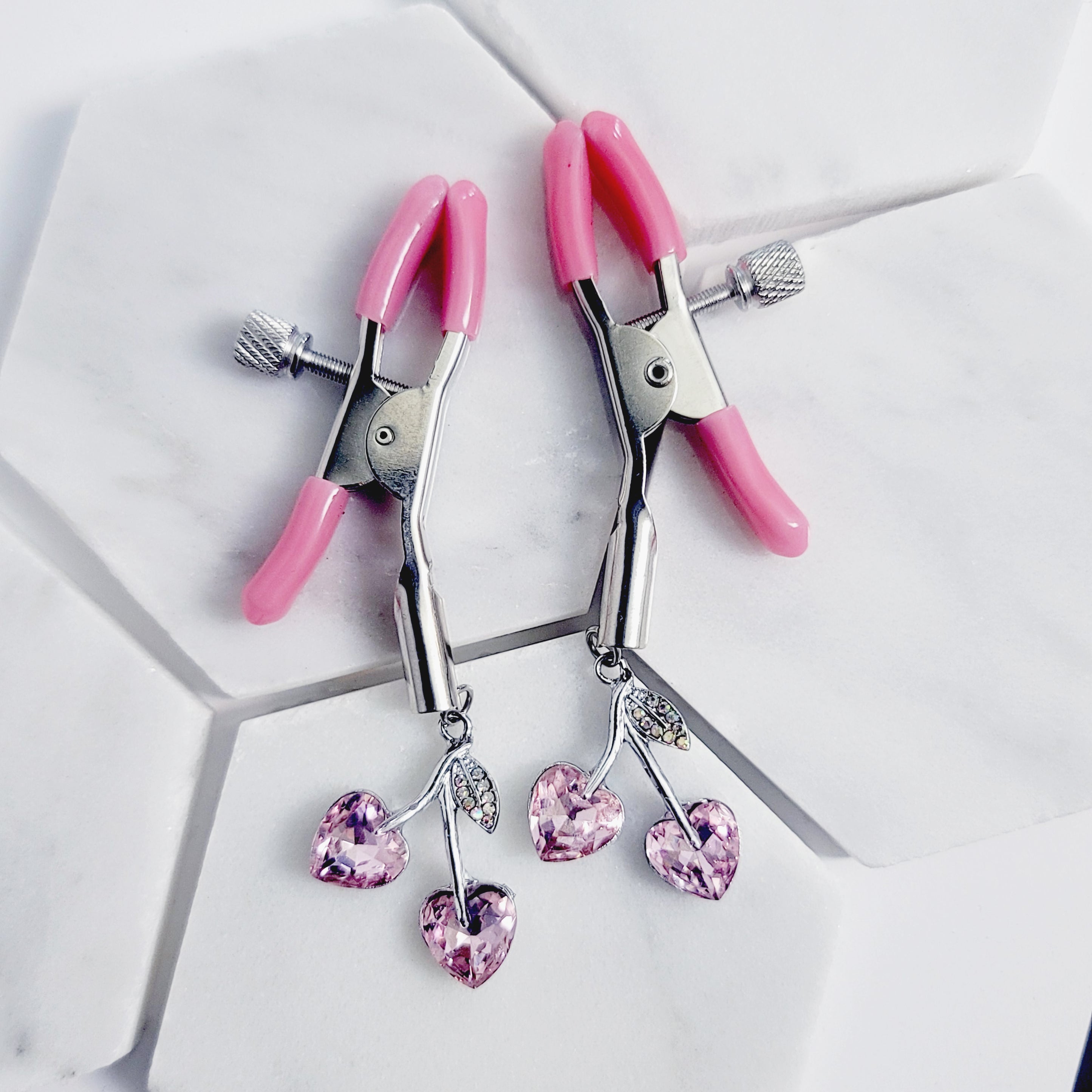 Pink Adjustable Nipple Clamps with Gemstone Heart Cherry Pendants ...