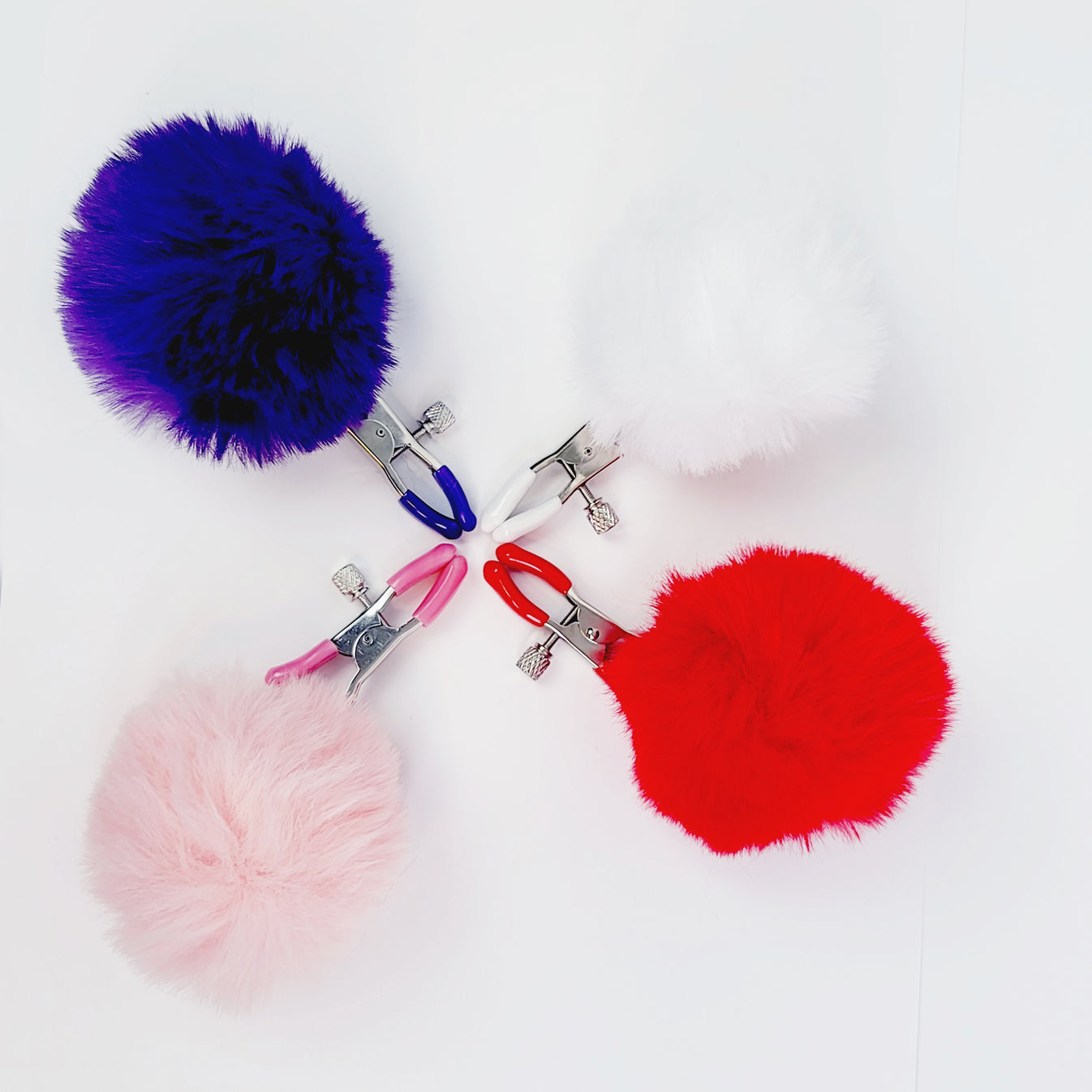 Adjustable Clamps with Soft Puff Balls in Red, Purple, White or Pink ...